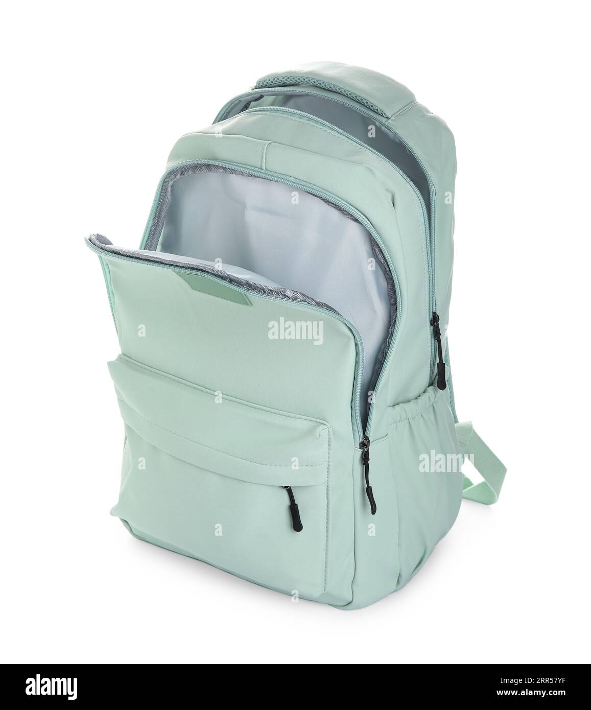 Stylish blue school backpack on white background Stock Photo - Alamy