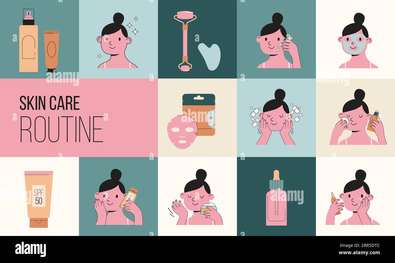 Skincare routine illustrations with cute girls. Cream, lotion, mask ...
