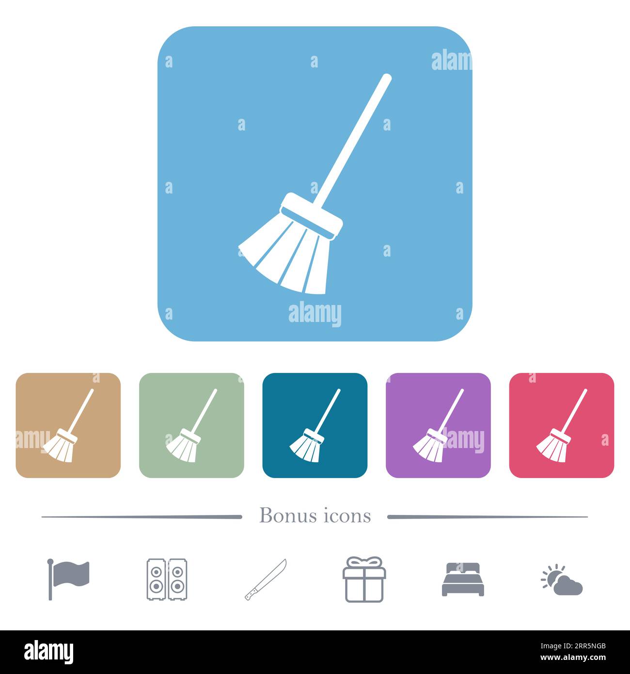 Old broom white flat icons on color rounded square backgrounds. 6 bonus ...