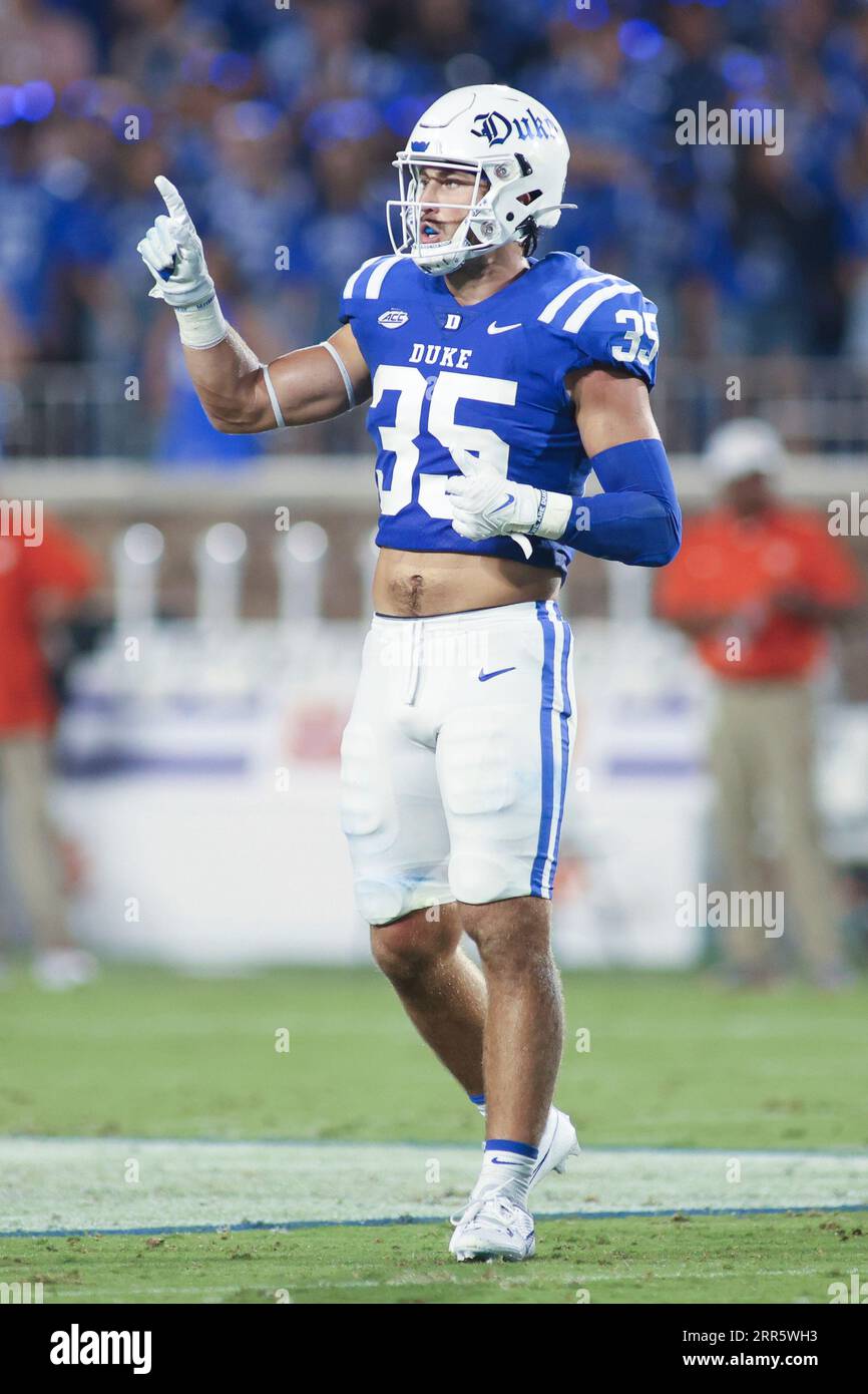 DURHAM, NC - SEPTEMBER 04: Duke Blue Devils linebacker Cam Dillon (35) looks towards the ...