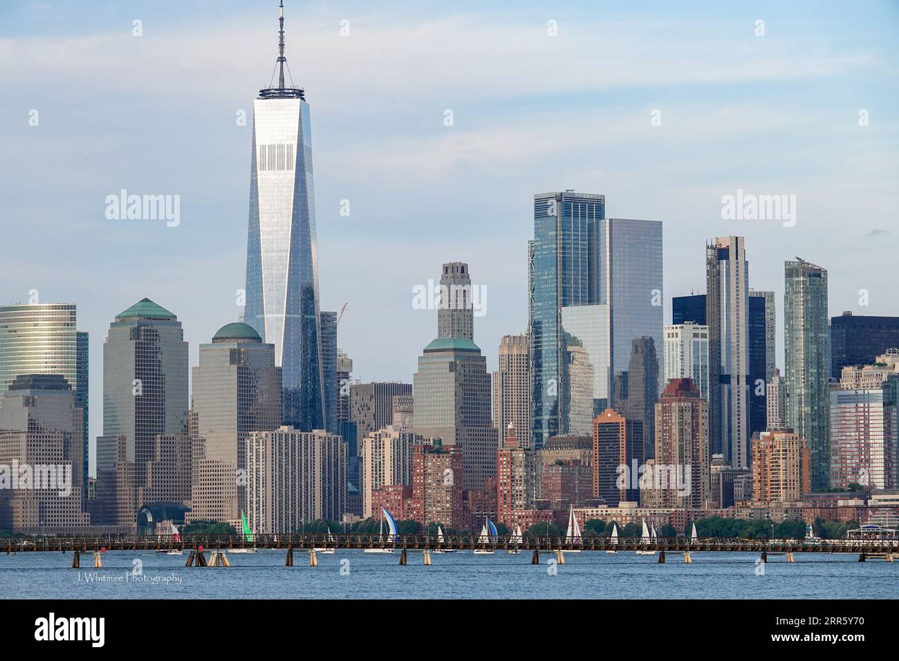 The skyline of Manhattan as seen from across the Hudson in New Jersey features such iconic ...