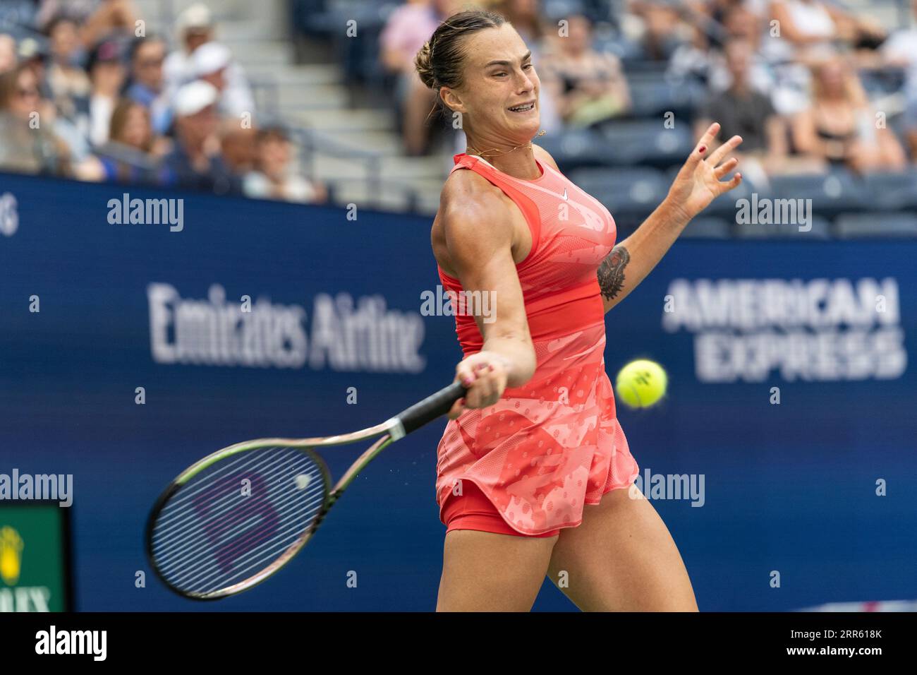 Aryna Sabalenka returns ball during quarterfinal round against Qinwen Zheng of China at the US ...