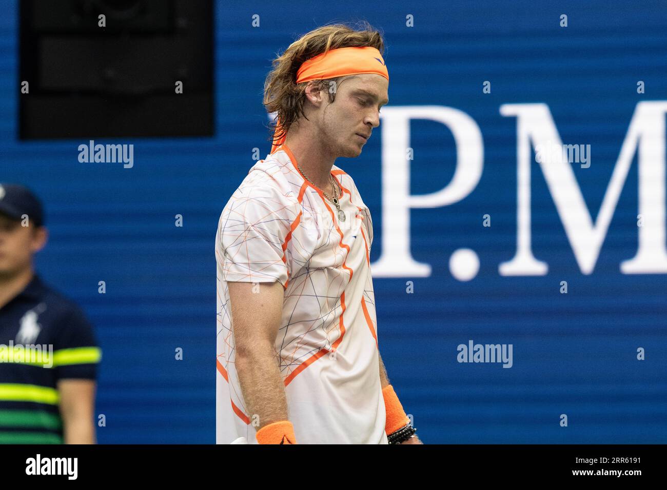 Andrey Rublev reacts during quarterfinal round against Daniil Medvedev at the US Open ...