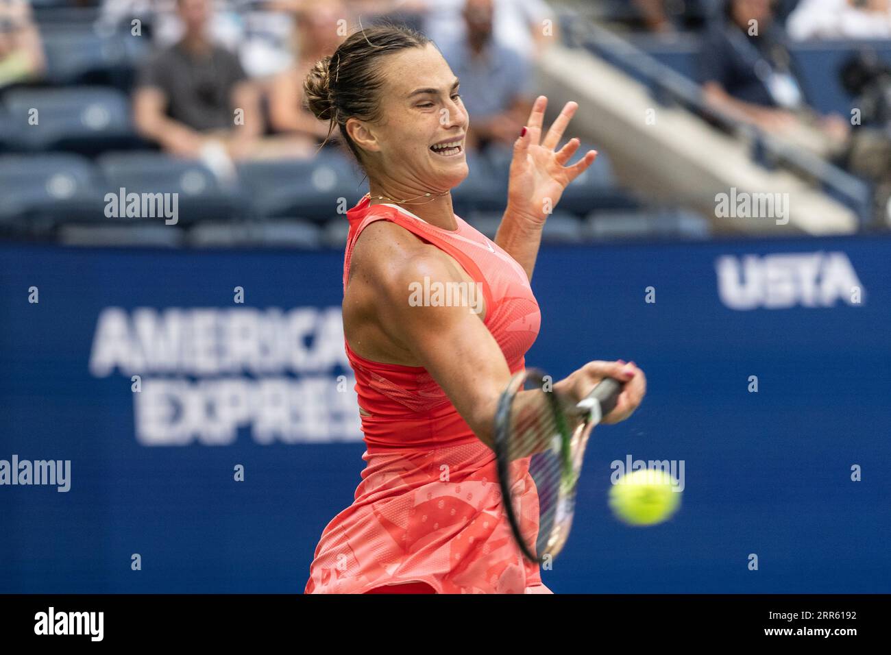 Aryna Sabalenka returns ball during quarterfinal round against Qinwen Zheng of China at the US ...
