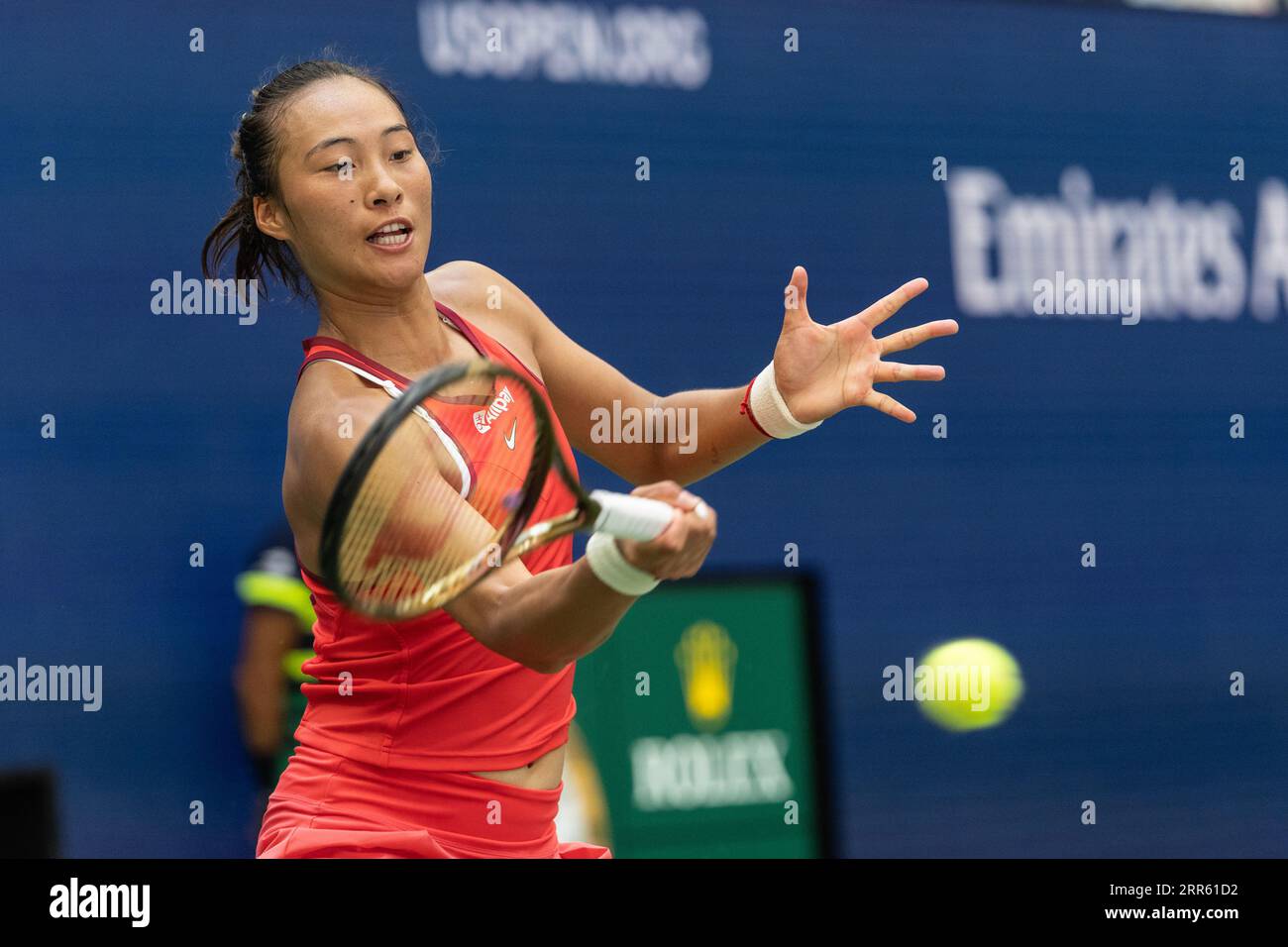 Qinwen Zheng of China returns ball during quarterfinal round against Aryna Sabalenka at the US ...