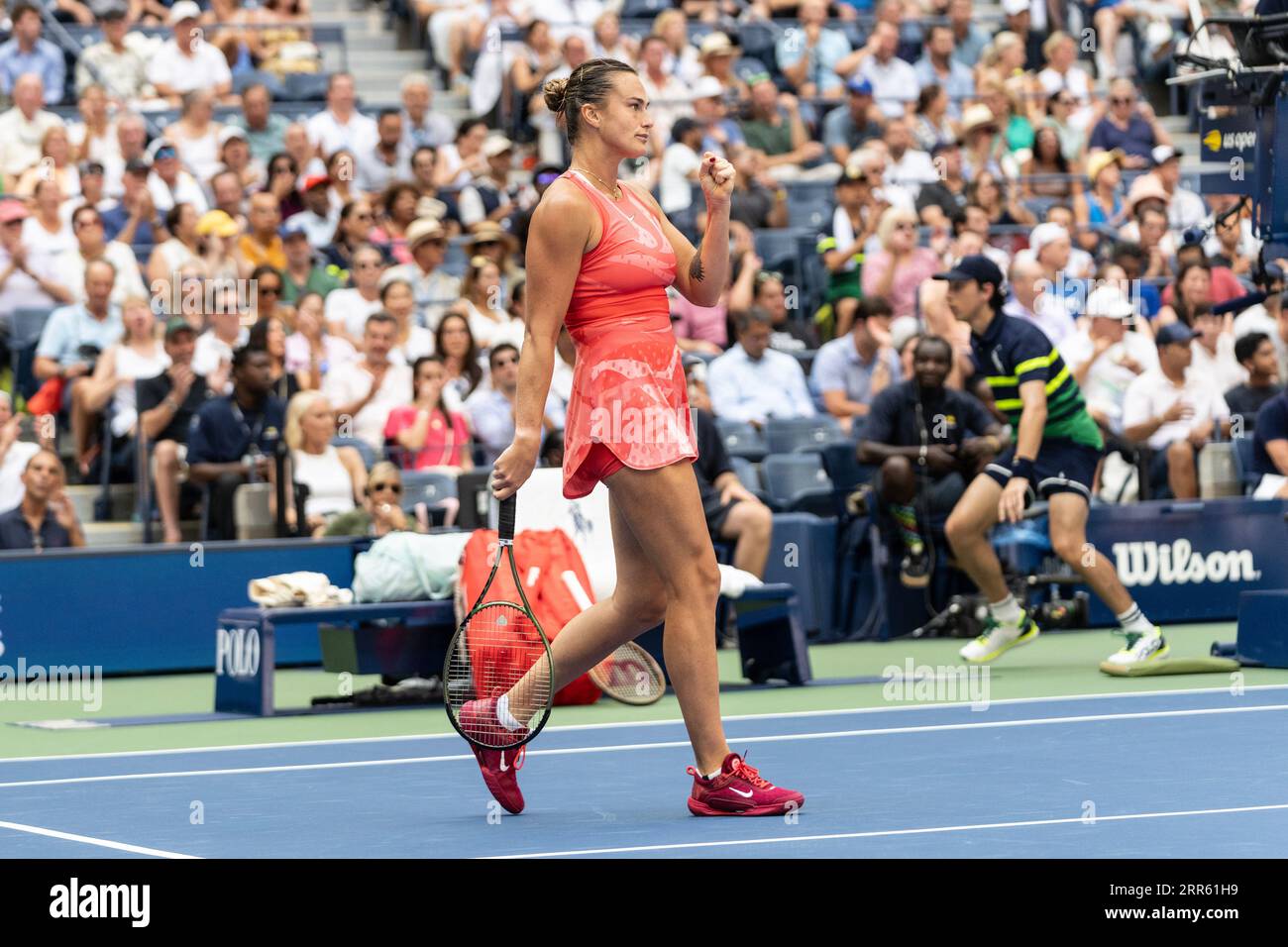 Aryna Sabalenka reacts during quarterfinal round against Qinwen Zheng of China at the US Open ...