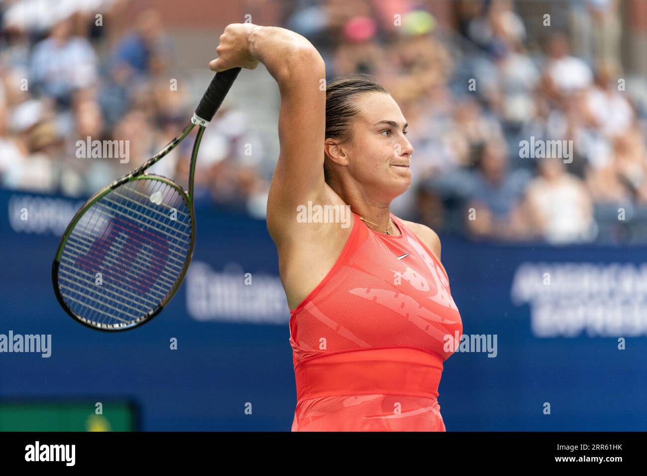 Aryna Sabalenka returns ball during quarterfinal round against Qinwen Zheng of China at the US ...