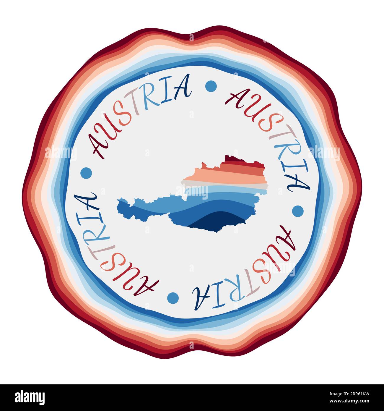 Austria badge. Map of the country with beautiful geometric waves and a vibrant red and blue ...