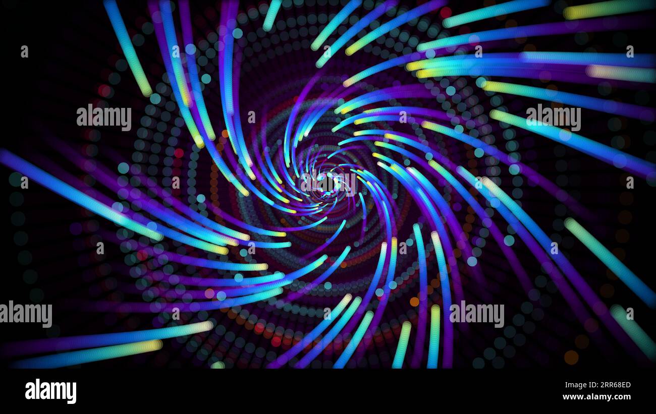 Luminous particles fly in a whirlpool or vortex in a digital tunnel. Visualization of large data ...