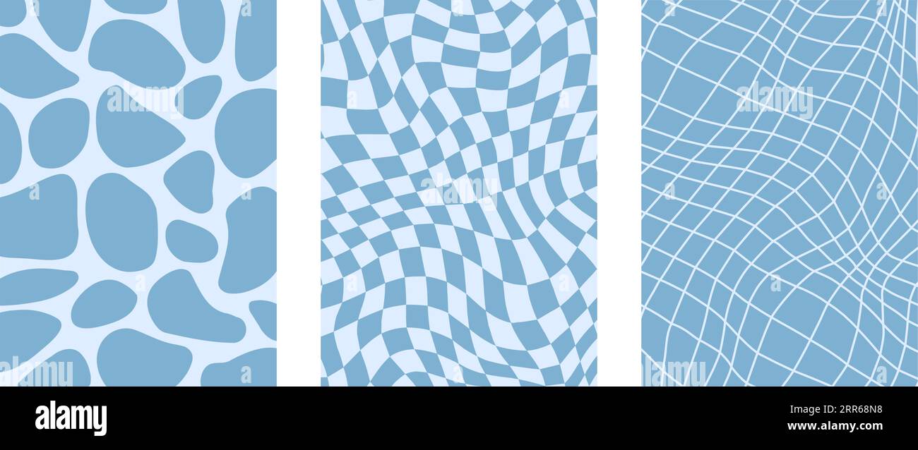 Retro distorted checkered and blob background set. Blue trippy ...