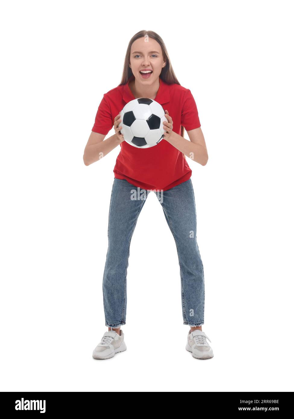 Emotional sports fan with ball on white background Stock Photo - Alamy