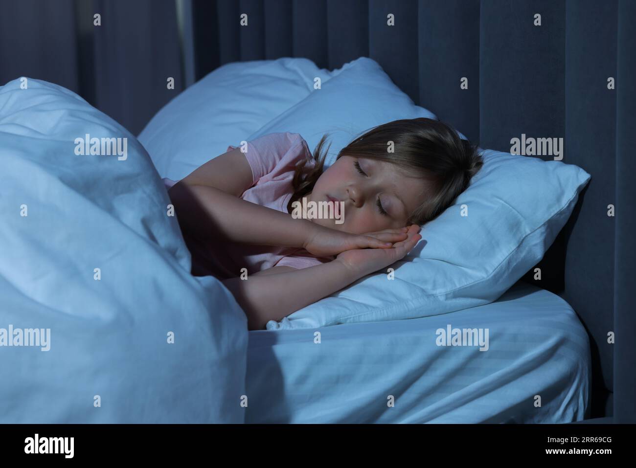 Little girl snoring while sleeping in bed at home Stock Photo - Alamy