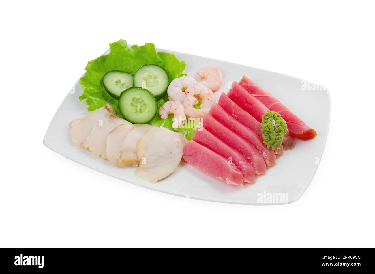 Sashimi set (raw slices of tuna, oily fish and shrimps ) served with ...