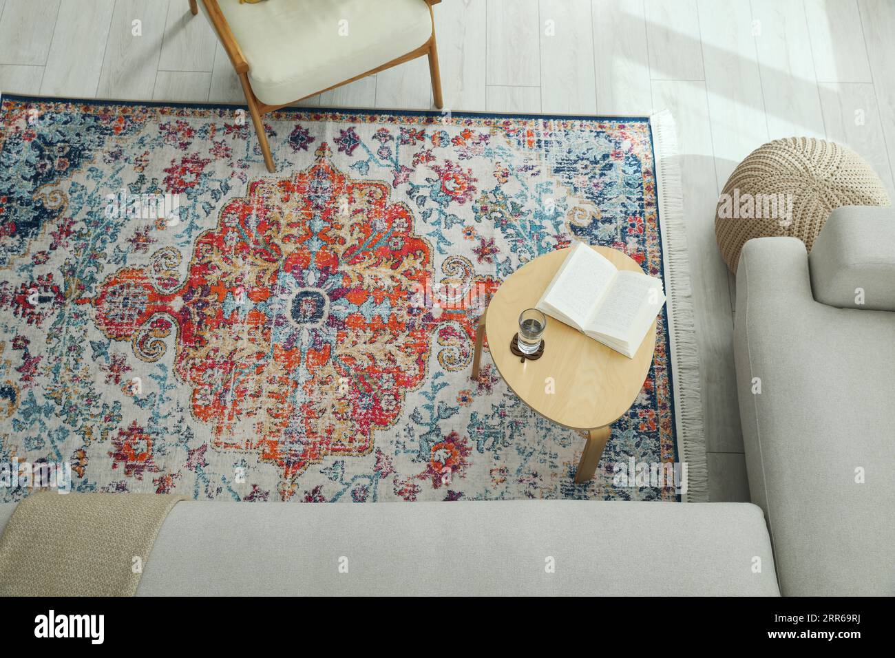 Stylish living room with beautiful carpet and furniture, top view ...