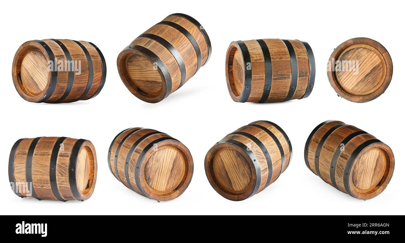 Collage of wooden barrel on white background, different sides Stock ...