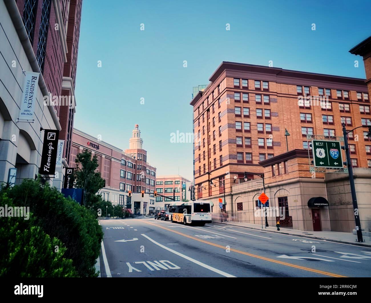 Downtown Providence, Rhode Island, with highway signs and RIPTA bus ...