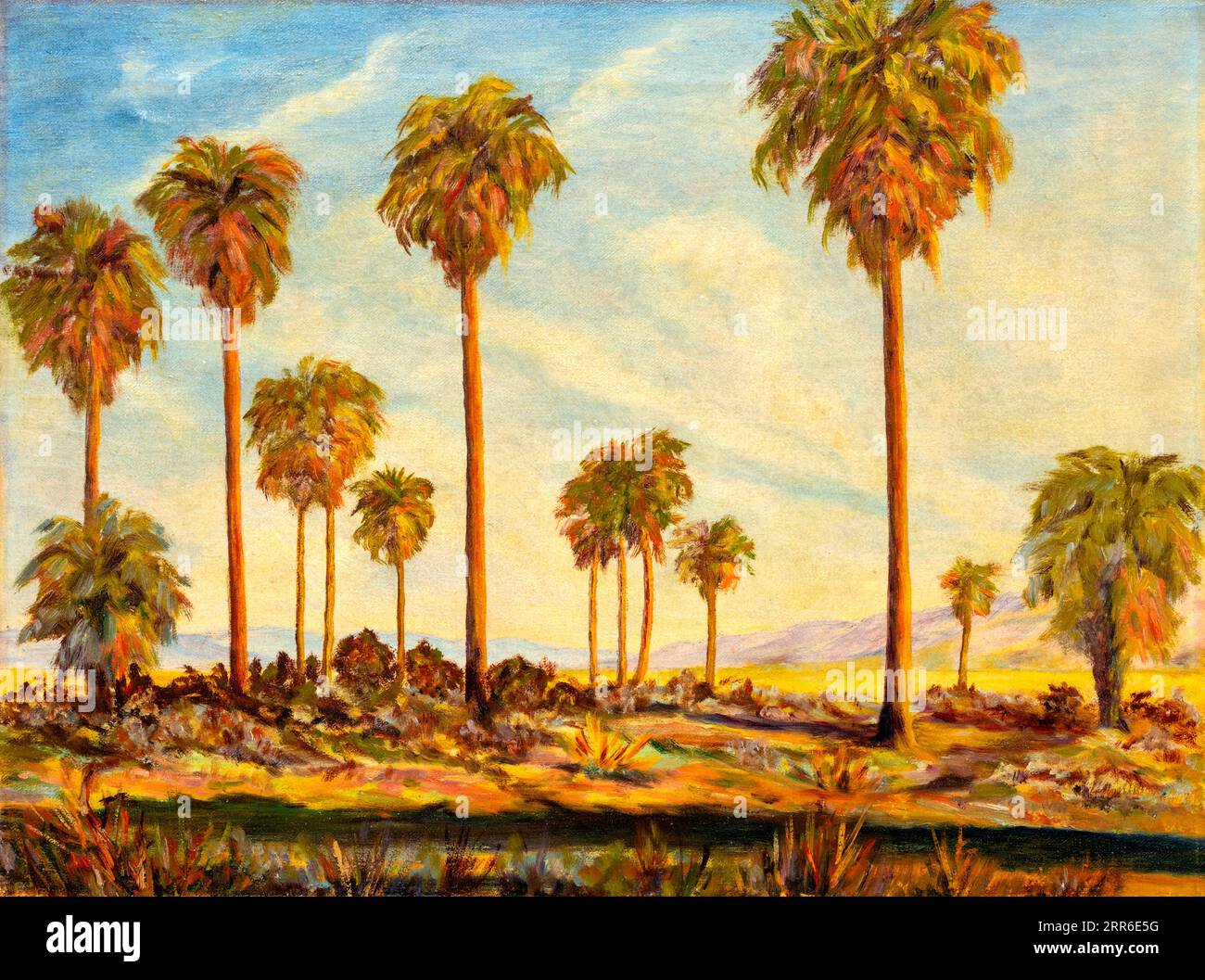 Vintage oil painting a southwest desert landscape with palm trees and ...