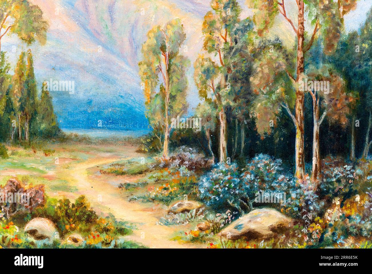 Detail of a vintage oil painting of colorful summer day with trees and ...