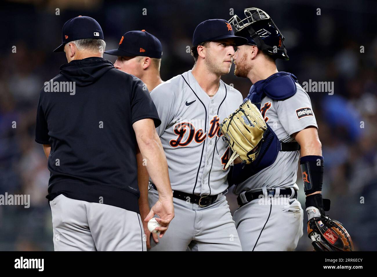 Detroit Tigers pitcher Beau Brieske (4) walks off the mound as he is ...