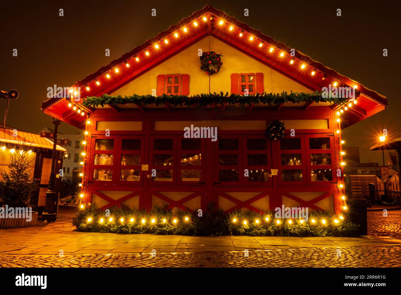 Holiday Decorated and illuminated street at night in Gdansk Poland ...