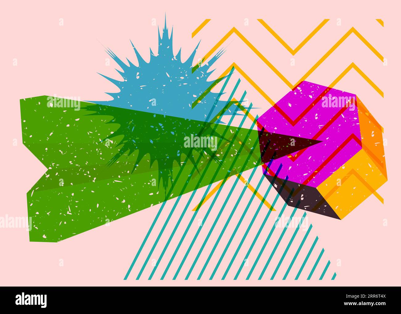 Paper Airplane with colorful geometric shapes. Object in trendy riso ...