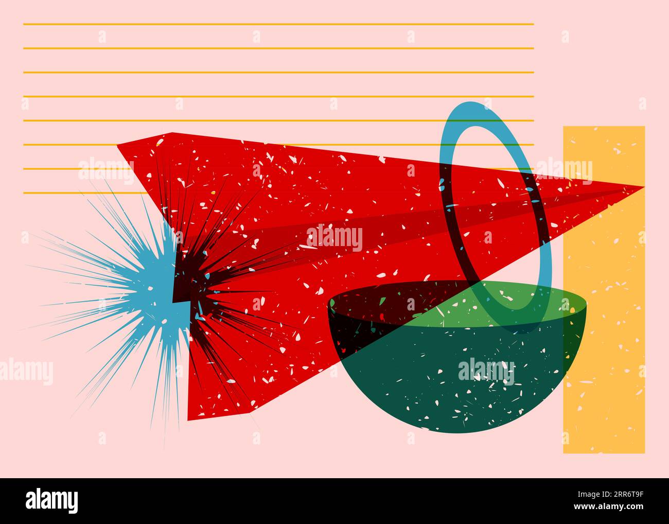 Paper Airplane with colorful geometric shapes. Object in trendy riso ...