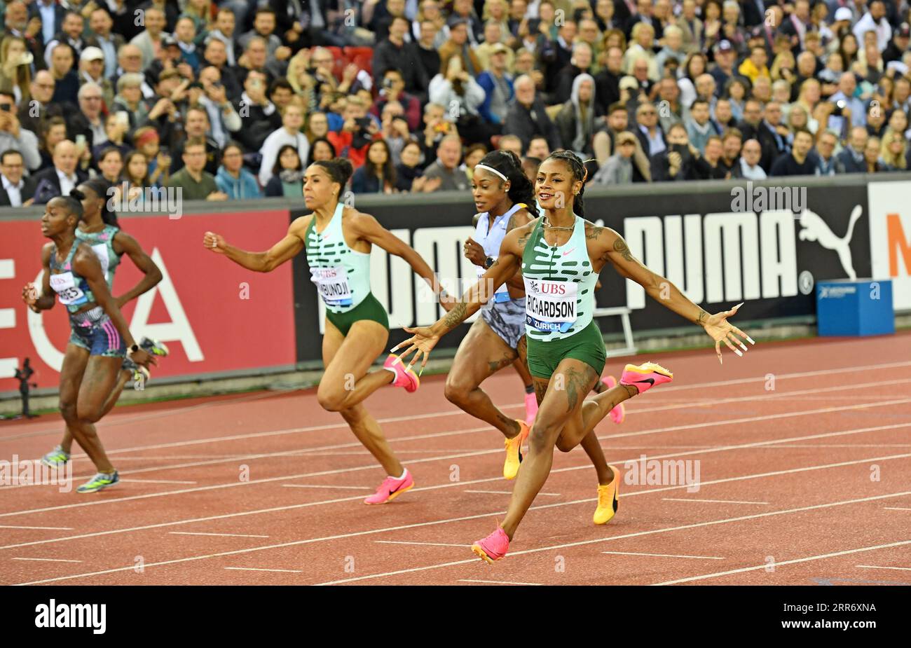 Sha'Carri Richardson (USA) celebrates after winning the women's 100m in ...