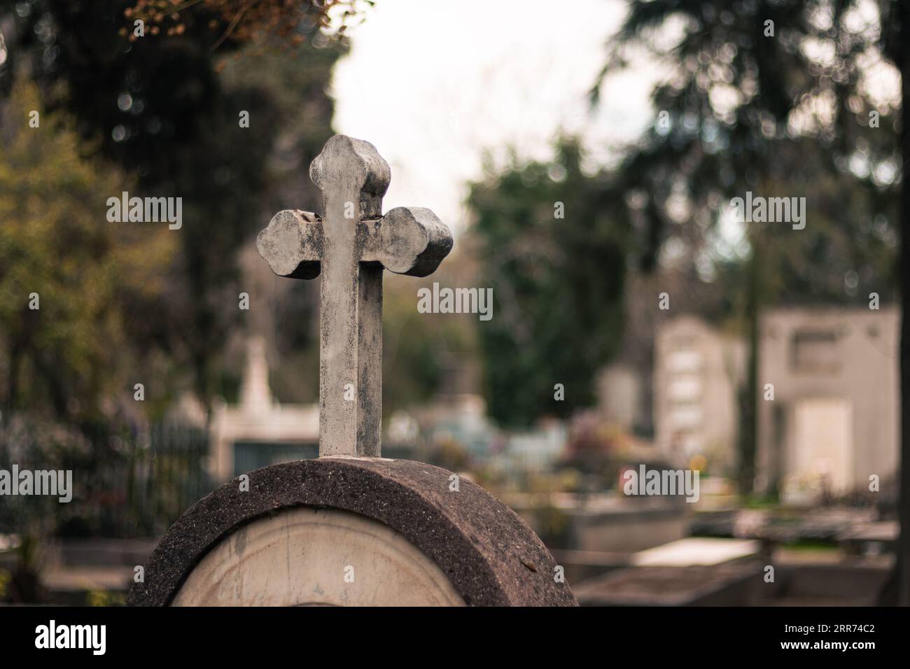 view of cross on a tombstone in a cemetery in nature outdoors Stock ...