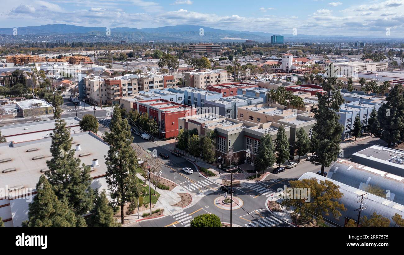 Daytime aerial view of dense housing in downtown Santa Ana, California ...