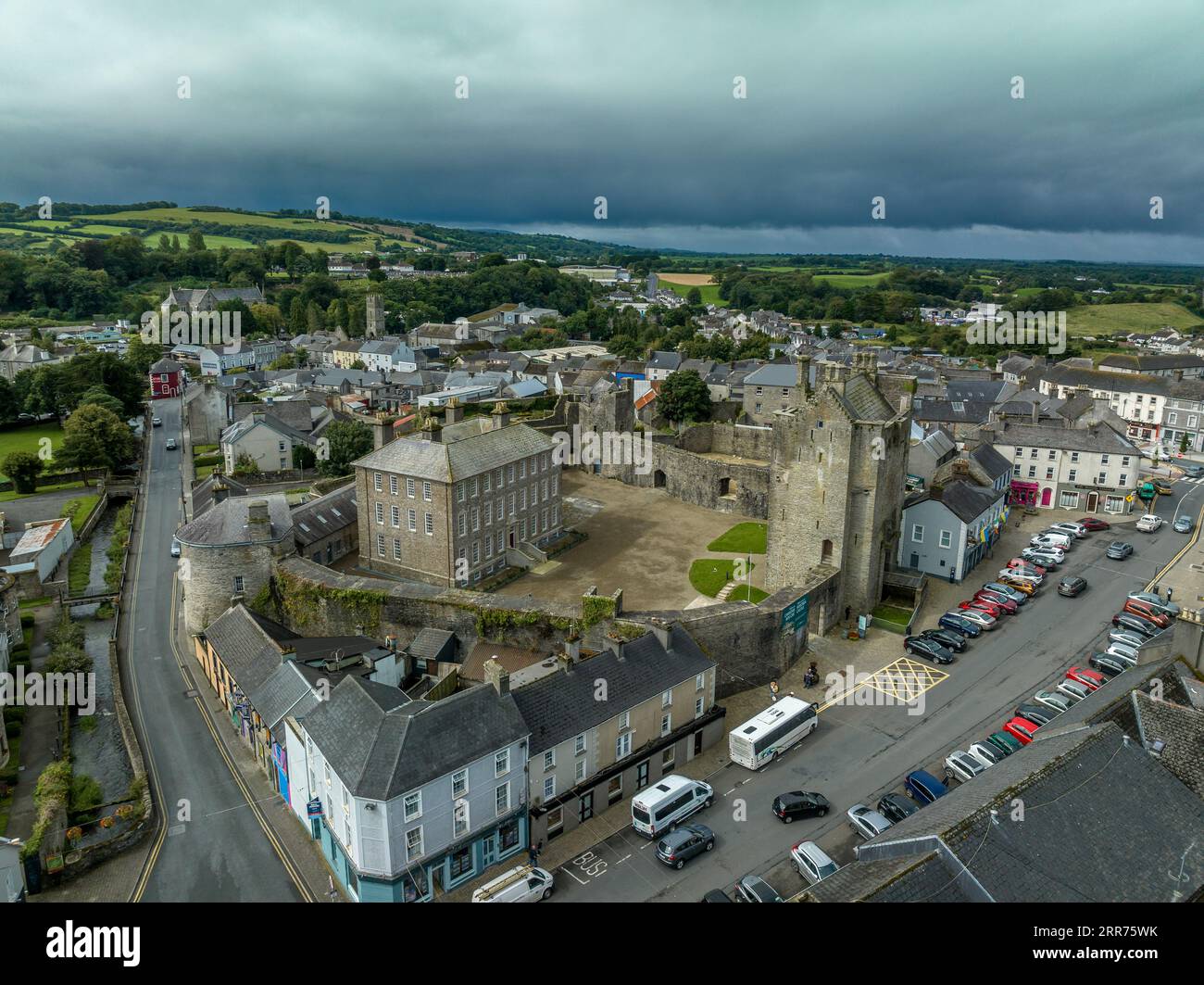 Aerial view of Roscrea castle and town in Central Ireland with tower ...
