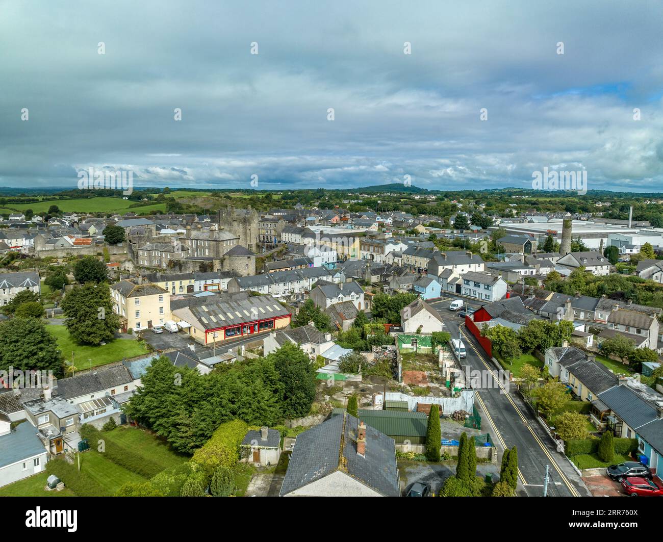 Aerial view of Roscrea castle and town in Central Ireland with tower ...