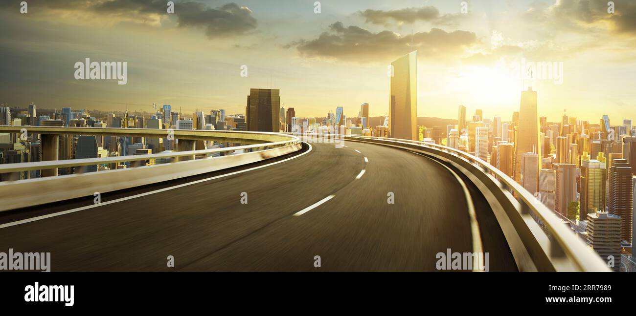 Moving forward at high speed, blurred and empty road with cityscape ...