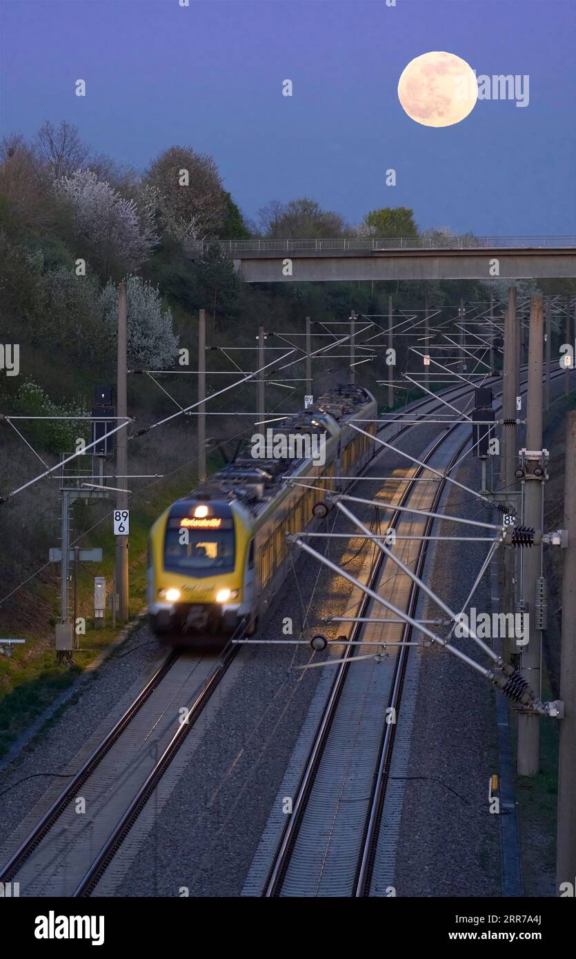 Electric high-speed train at full moon on the high-speed line between ...