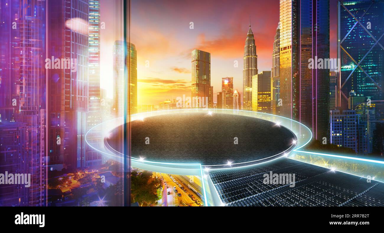 Round stage floating on the center of city skyline with urban ...