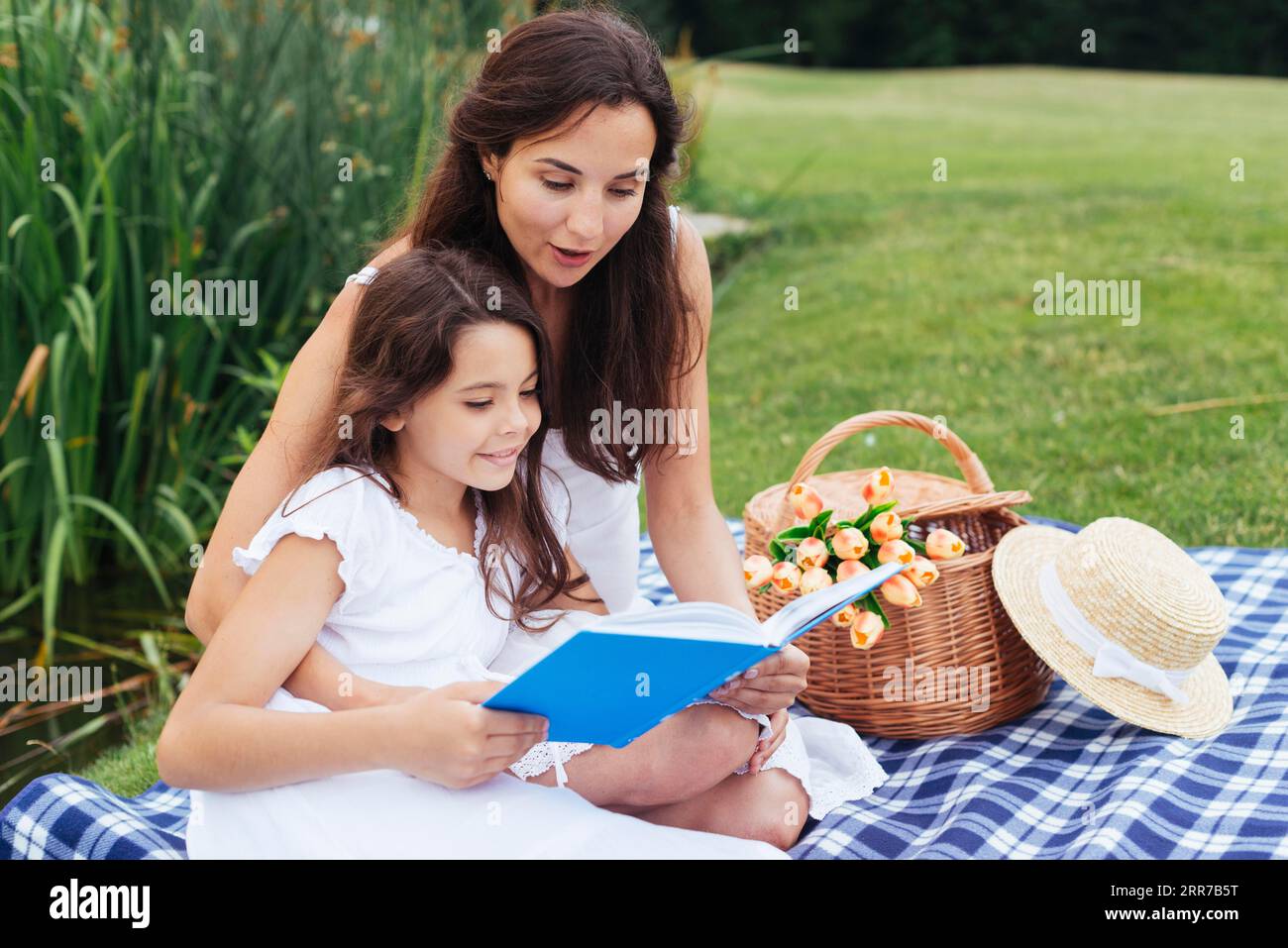 Mother daughter reading book picnic Stock Photo - Alamy
