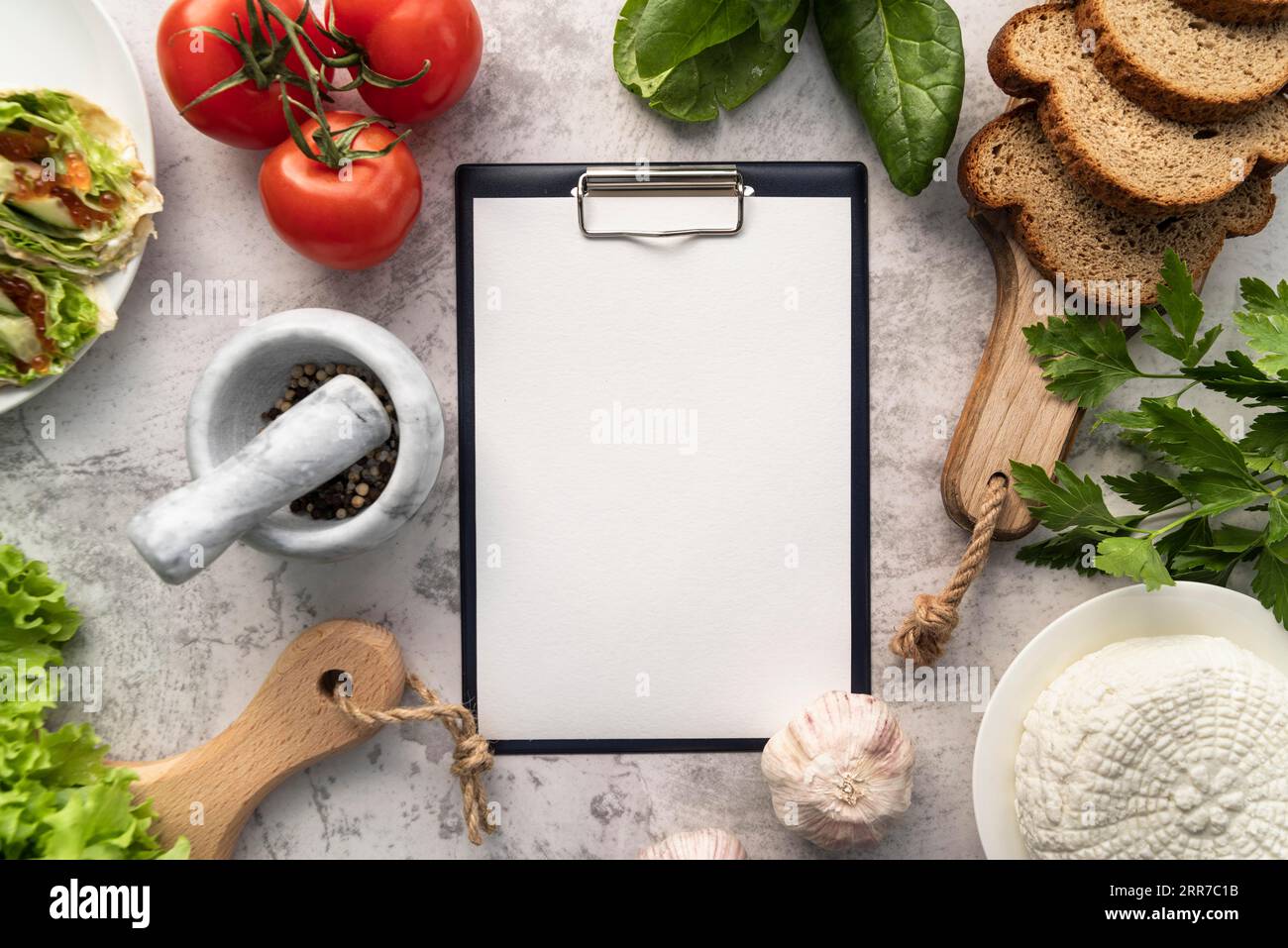 Top view empty menu with tomatoes bread Stock Photo - Alamy