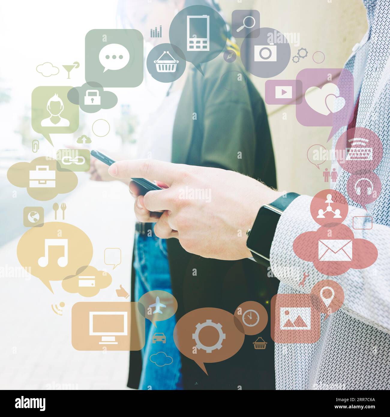 Various applications forming circle front two people using mobile phone ...