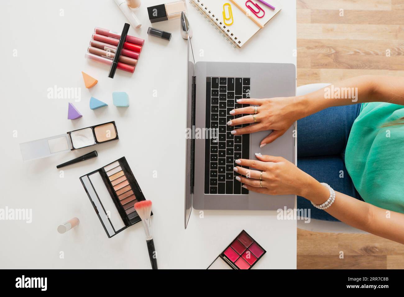 Top view woman desk working Stock Photo - Alamy