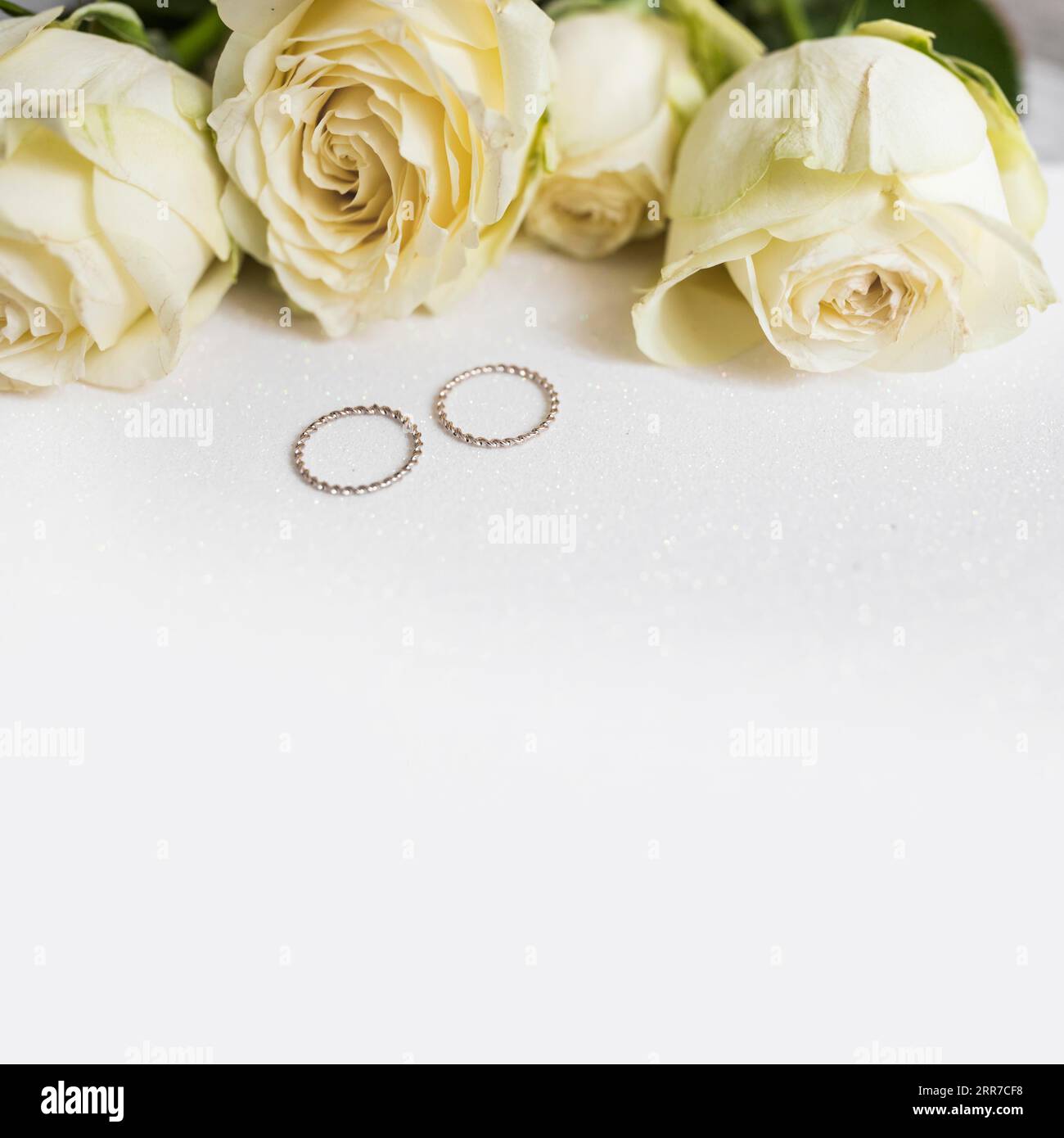 Wedding rings fresh roses white background Stock Photo - Alamy