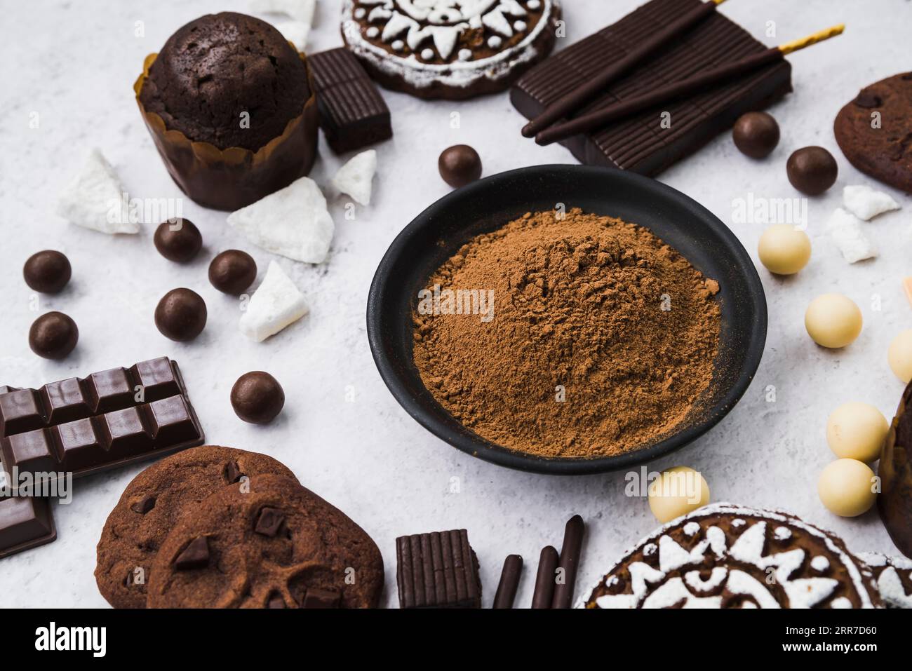Composition chocolate products with cocoa powder Stock Photo - Alamy