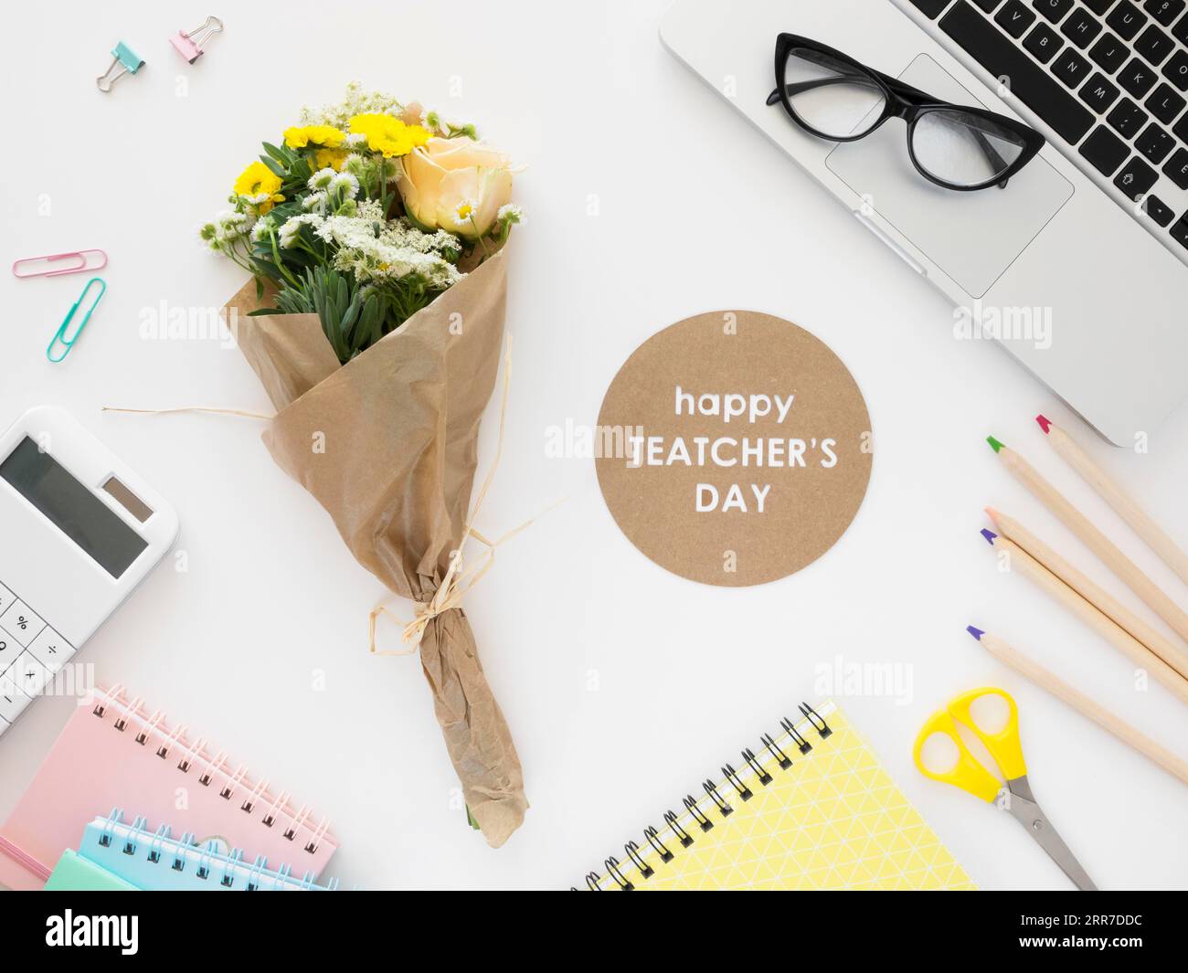 Flat lay teacher desk concept Stock Photo - Alamy