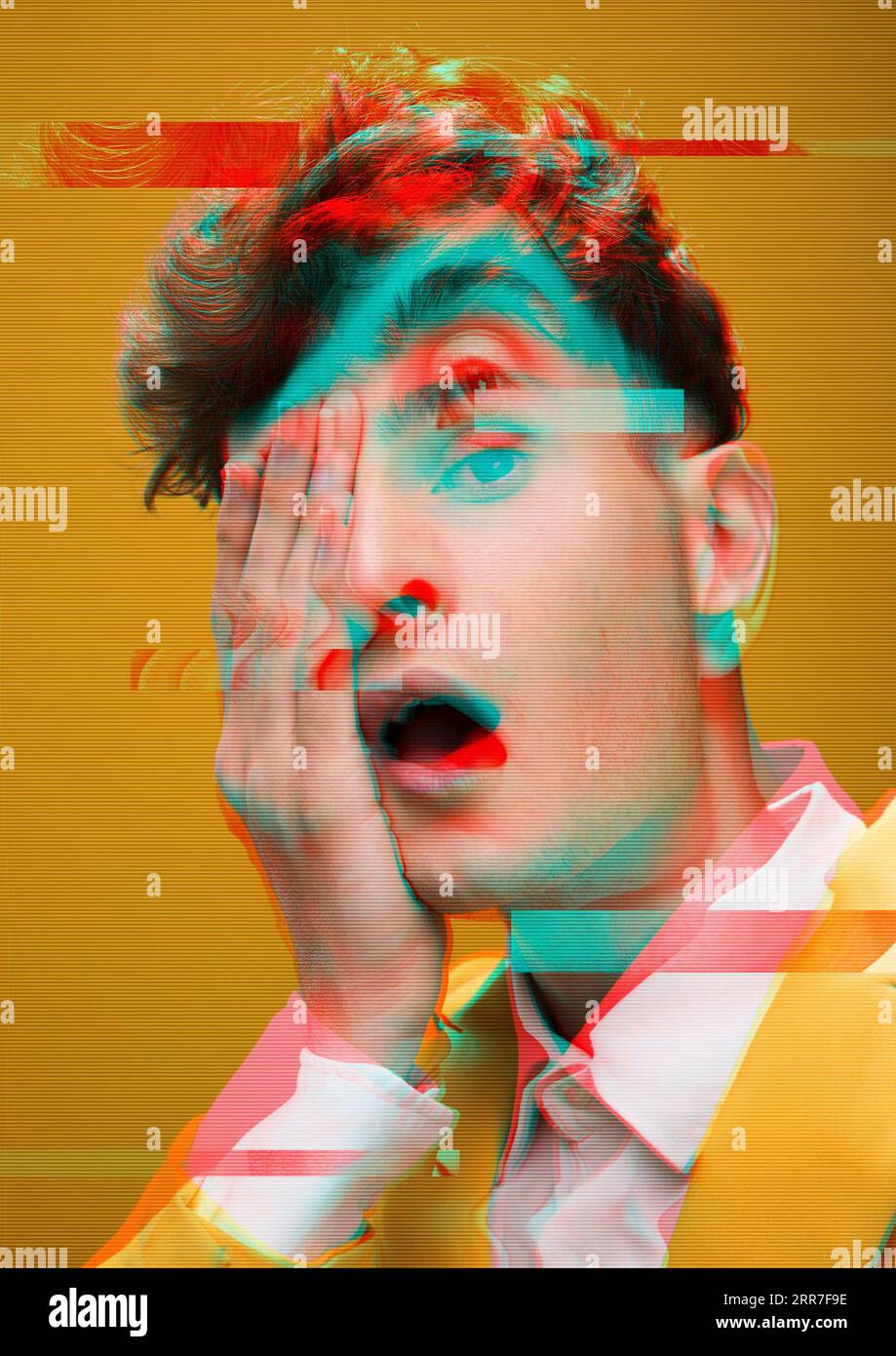 Close up portrait man making funny faces glitch effect Stock Photo - Alamy