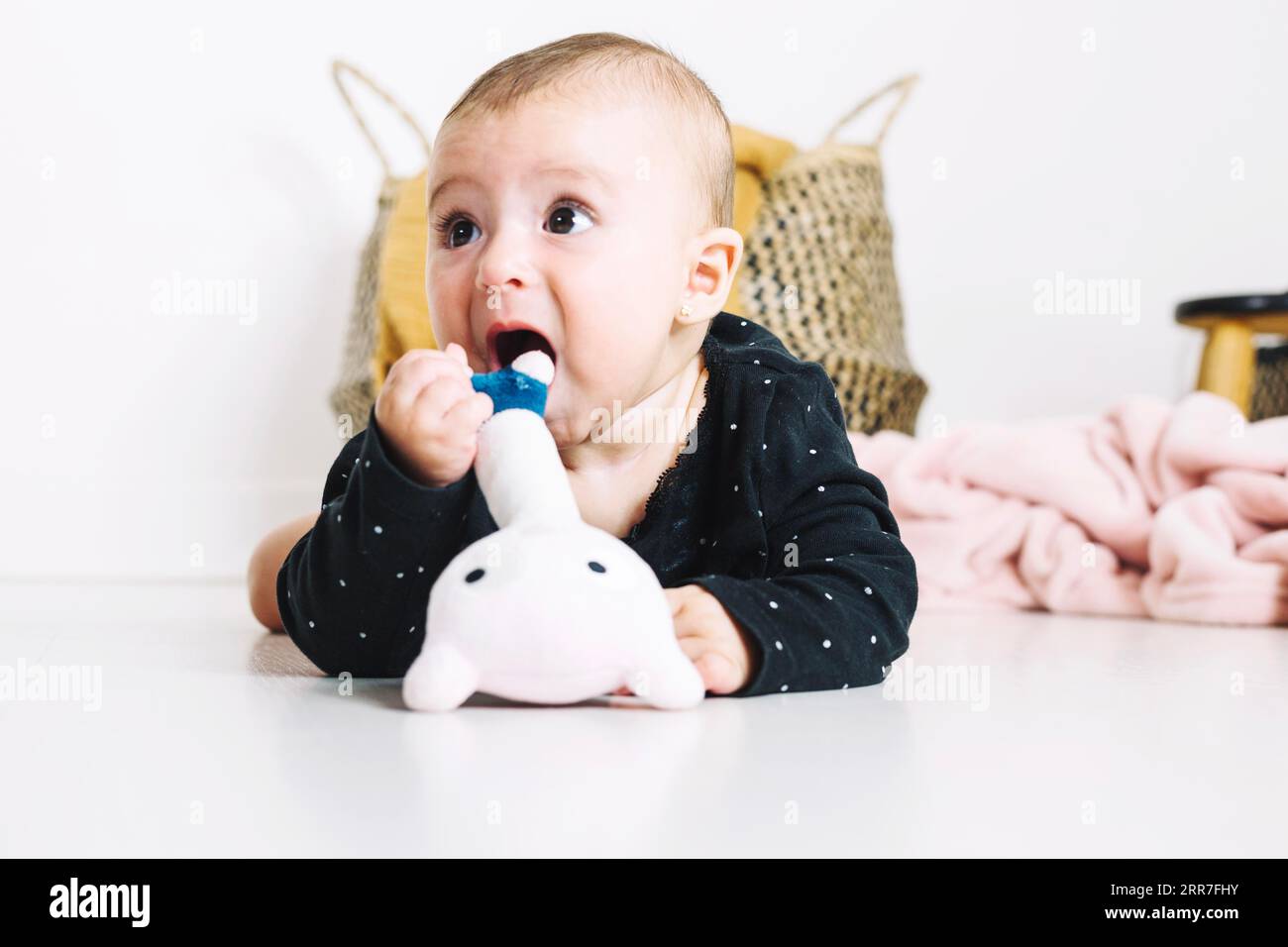 Cute baby trying bite toy Stock Photo - Alamy