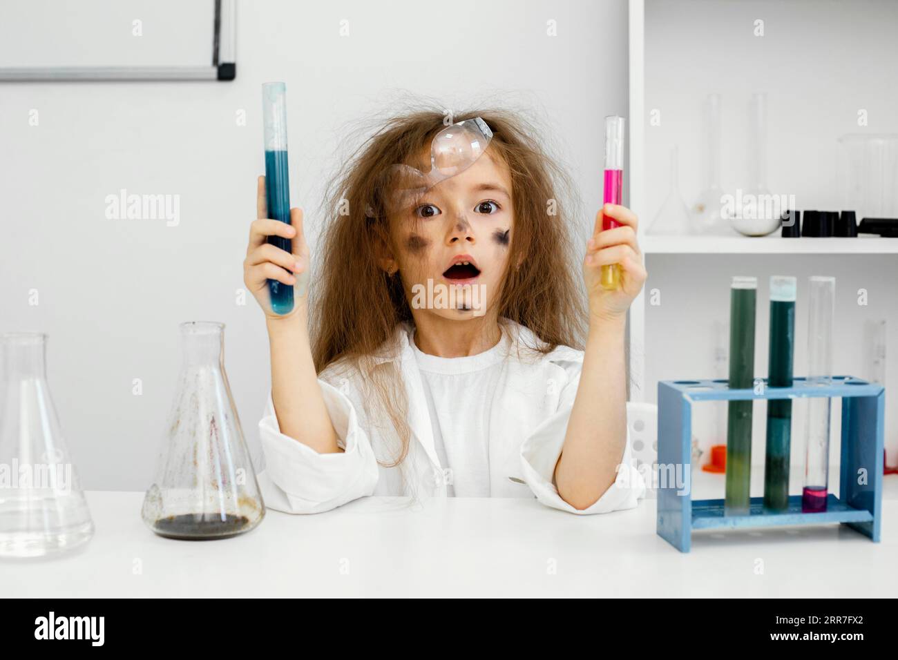 Front view girl scientist laboratory with test tubes failed experiment ...