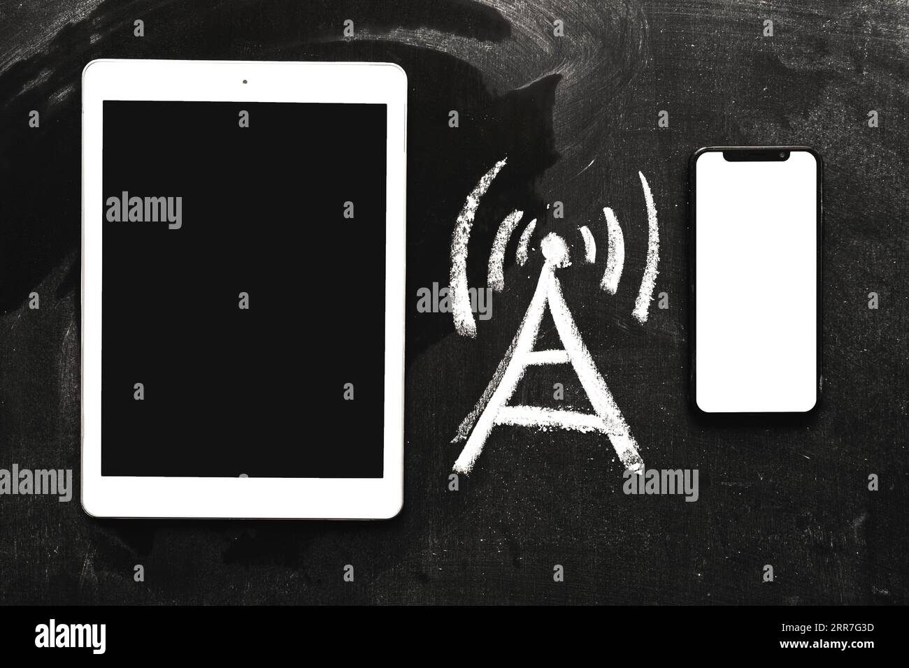 Hand drawn network signal icon digital tablet cellphone chalkboard ...