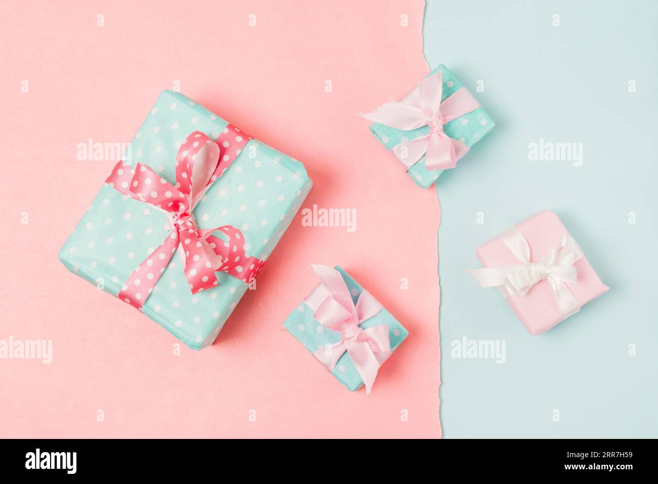 Small big decorated gift boxed tied with ribbon arrange peach blue ...