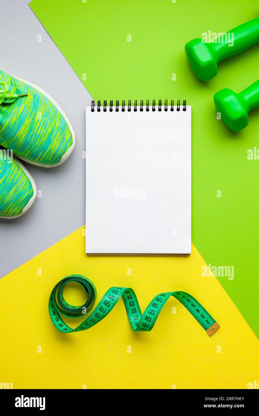 Top view sports equipment notebook mock up Stock Photo - Alamy
