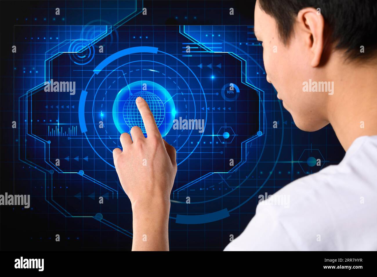 Close up man using smart touch screen server Stock Photo - Alamy