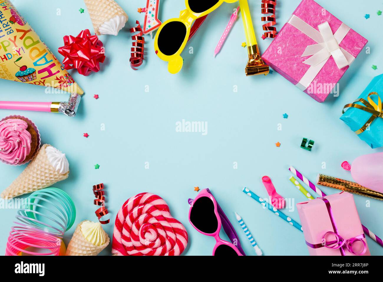 Decorative happy birthday items with copy space writing text blue ...