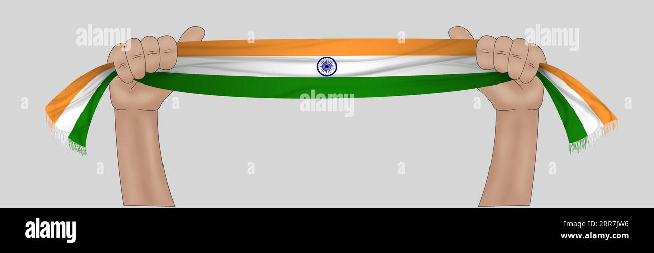3D illustration. Hand holding flag of India on a fabric ribbon ...